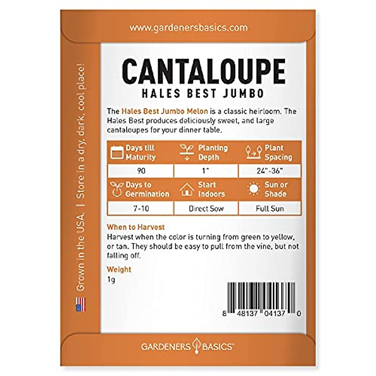 Cantaloupe Seeds for Planting - Hales Best Jumbo Heirloom, Non-GMO Vegetable Variety- 1 Gram Approx 45 Seeds Great for Summer Melon Gardens by Gardeners Basics