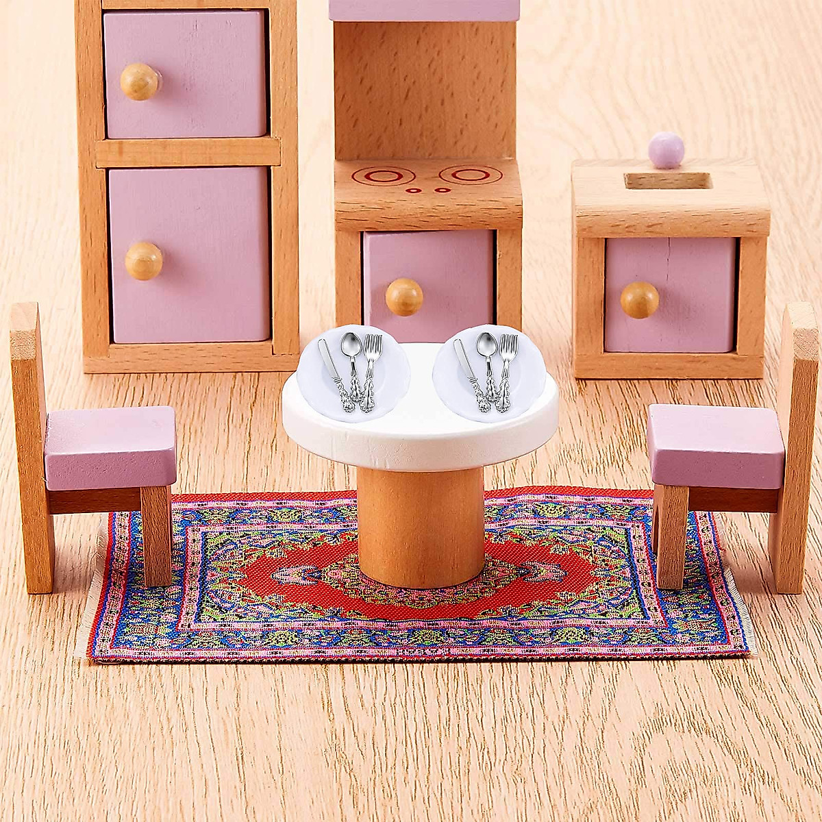 G0lden&Mang0 22Pcs Dollhouse Furniture Set, 112 Dollhouse Decoration 1Pc Wooden Dining Table and 4Pcs Chair, 1Pc Mini Carpet Turkey Rugs, 4Pcs Plates and 12Pcs Knives Forks Spoons for Kids Gift