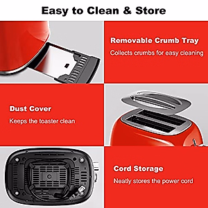 Galanz 2-Slice Toaster, 1.5" Extra Wide Slots for Bagels & Thick Bread, Defrost and 6 Browning Levels, Includes a Dust Lid & Removable Crumb Tray, Retro Red