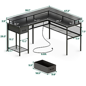 Huuger L Shaped Desk Gaming Desk with LED Lights & Power Outlets, Computer Desk with Storage Shelves, Corner Desk Home Office Desk, Black