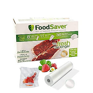 FoodSaver B005SIQKR6 Special Value Vacuum Seal Combo Pack 1-8" 4-11" Rolls 36 Pre-Cut Bags, 1Pack, Clear