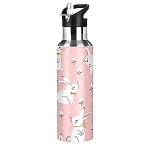 Cute Floral Bunny Kids Water Bottle Thermos with Straw Rabbit Animals School Vacuum Insulated Stainless Steel Thermos Bottle Cup Leakproof Sport Travel Cup Mug Handle for Girls Women Biking 20 OZ