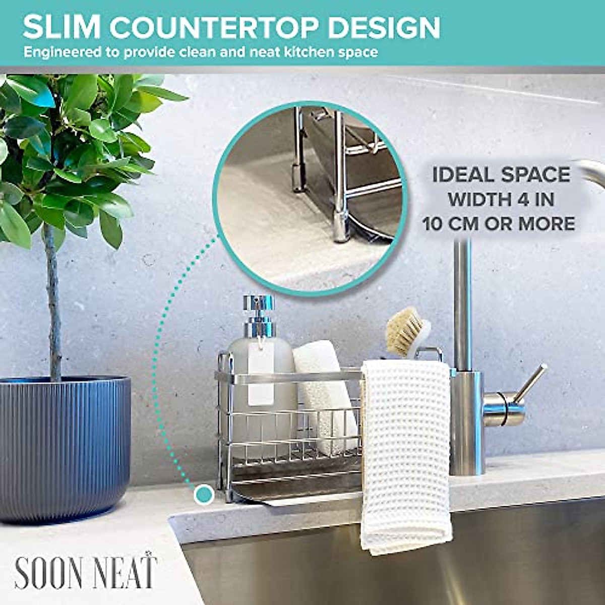 Soon Neat Kitchen Sink Caddy - Kitchen Sink Organizer - Quick Draining, Stainless Steel Tray