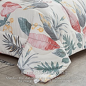 AIKASY Pink Queen Comforter Set with Sheets,Bed in a Bag 7-Pieces,Palm Tree Totem Printing Design,Ultra Soft Down Alternative All Season Bedding Set(Queen, Pink)