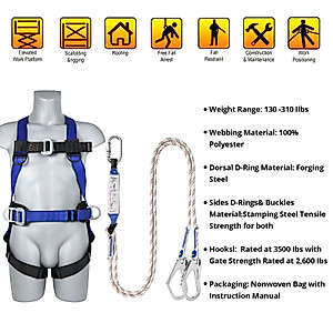 TT TRSMIMA Safety Harness Fall Protection Kit: Full Body Roofing harnesses with Shock Absorbing Lanyard - Updated Comfortable Waist Pad