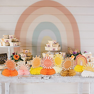 G1ngtar 9Pcs Boho Sun Honeycomb Centerpieces Table Toppers Hippie Rainbow Muted Sun Table Decor First Trip Around the Sun Birthday Party Decoration Baby Shower Supplies for Baby Boys Girls