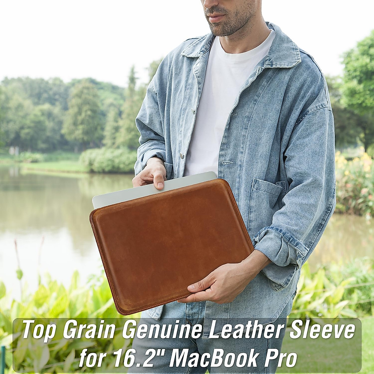 CataPurus Top Grain Leather 16.2" Slim PC Sleeve Case, Solid Vintage Design, Handmade, Compatible with MacBook Pro 16.2" A2485 M1 Max 15" Touch Bar A2141 A1707 Pro 16" Touch ID A1990, Brown 16.2 Inch