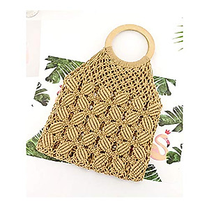 QTKJ Boho Women's Summer Beach Straw Crochet Bag Hollow Out Hand-Woven Cotton Tote Bag Purse with Wooden Round Handle (Khaki)