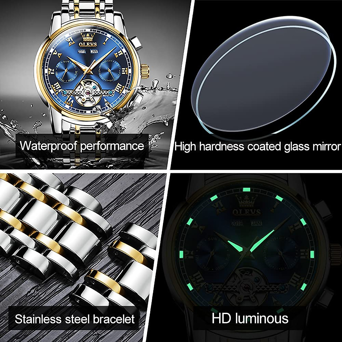 OLEVS Mens Watches Automatic Watches for Men Self Winding Watch Silver Gold Stainless Steel Watch Blue Dial Watch Skeleton Tourbillon Men's Wrist Watches Luxury Big Face Watch for Men