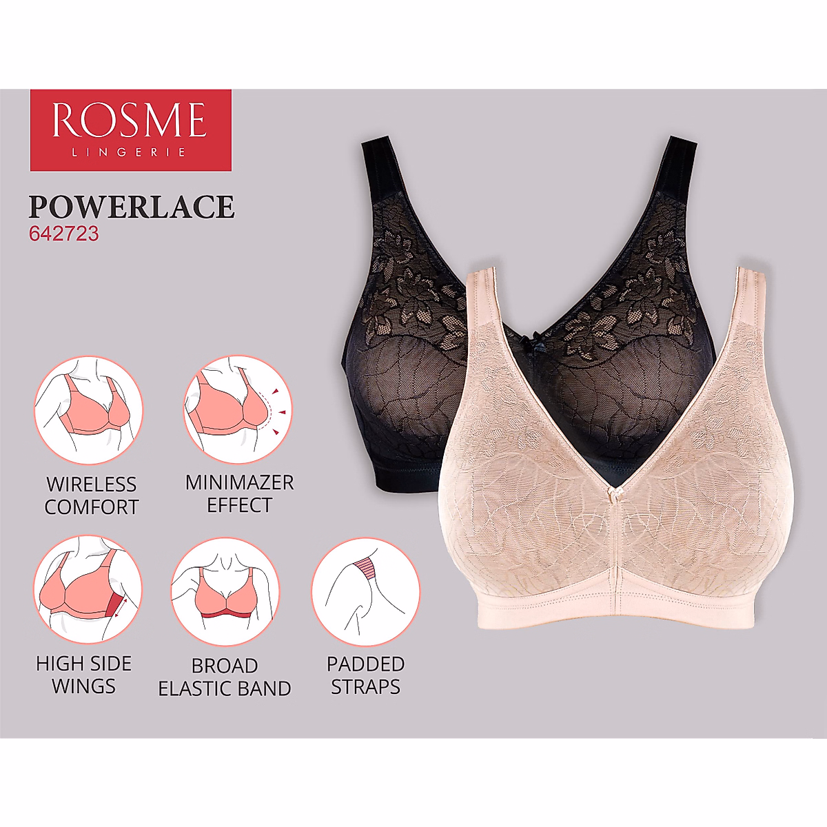 Rosme Women’s Soft Wireless T-Shirt Bra, Comfortable Seamless Full Coverage No Underwire Supportive Bras with Smooth Molded Cups and Padded Adjustable Shoulder Straps Powerlace, Black, Size 34G