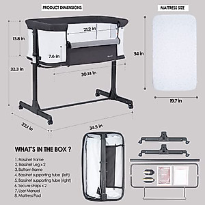 QUTANIX Baby Bassinet Bedside Sleeper with Wheels,Easy Folding Lightweight Crib for Baby/Infants,Breathable Mesh and Adjustable Height - Grey