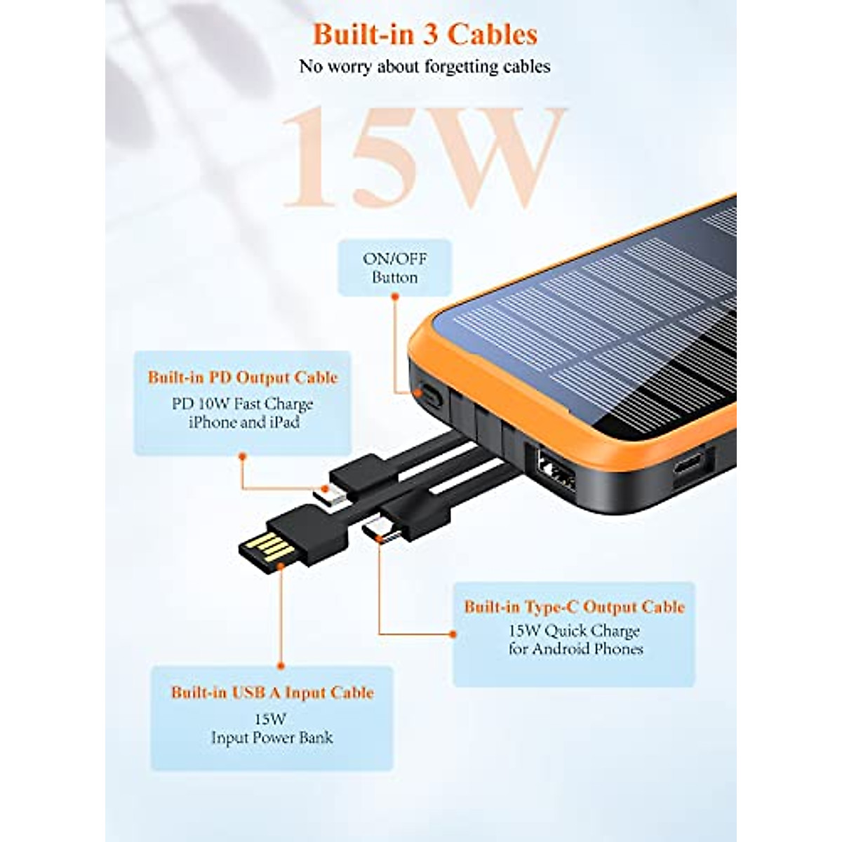 Solar-Charger-Power-Bank - Portable Charger,43800mAh Qc3.0 Fast Charging Qi 10W Wireless Portable Charger Built-in 2 Kinds Output Cable and 680Lumen Bright flashlights (Orange)