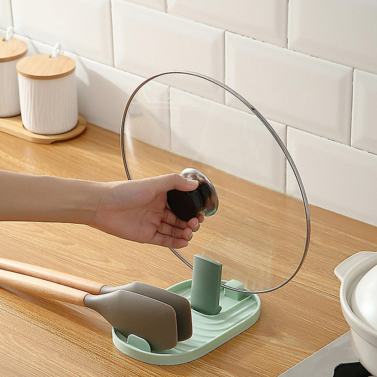 2 Pcs Multifunction Spoon Rest, Pot Lid Holder, Foldable Organizer Household Utensil Anti-Slip Pan Cover Holder, Storage Rack Pot Lid Stand Spoon Shelf 2White