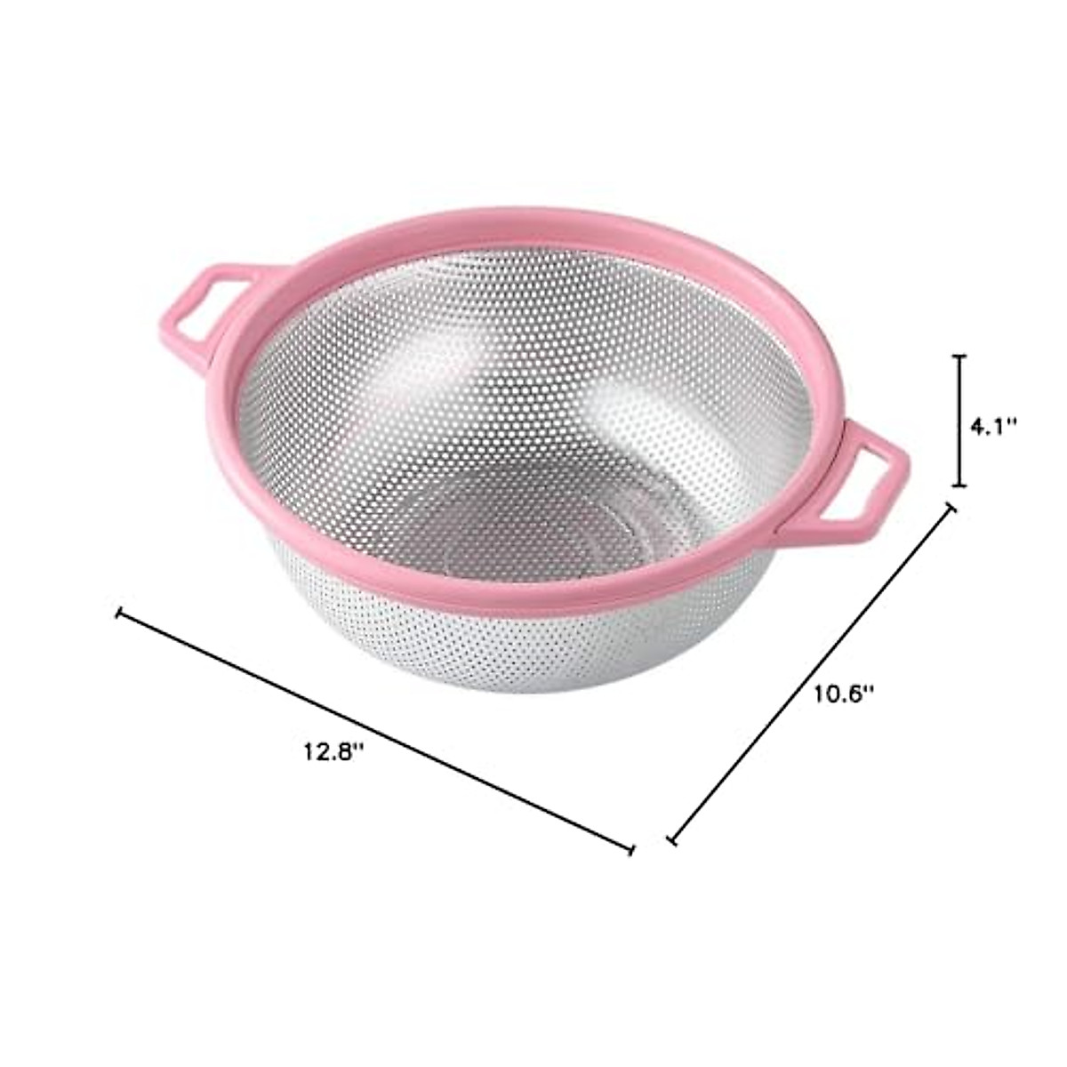 HiramWare Stainless Steel Colander With Handle and Legs, Large Metal Pink Strainer for Pasta, Spaghetti, Berry, Veggies, Fruits, Noodles, Salads, 5-quart 10.5” Kitchen Mesh Colander, Dishwasher Safe
