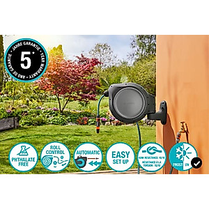 GARDENA 8055-100 Foot Wall Mounted Retractable Reel with Hose Guide, Automatic retraction for Easy Watering