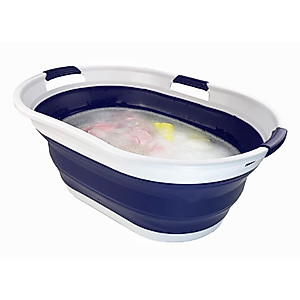 SAMMART Set of 2 Collapsible 3 Handled Plastic Laundry Basket-Oval Tub/Basket-Foldable Storage Container/Organizer-Portable Washing Tub-Space Saving Laundry Hamper (44L Oval-White/Navy Blue)