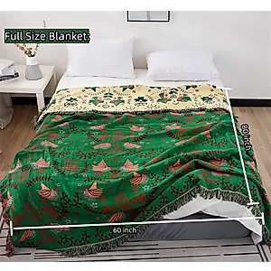 Skrmisda Bohemian Throw Blankets, Boho Birds 60 * 80 Inch Cotton Blanket for Bed Couch Camping Picnic Full Size Tassel Reversible Breathable Soft & Cozy Blankets (Green+Beige)