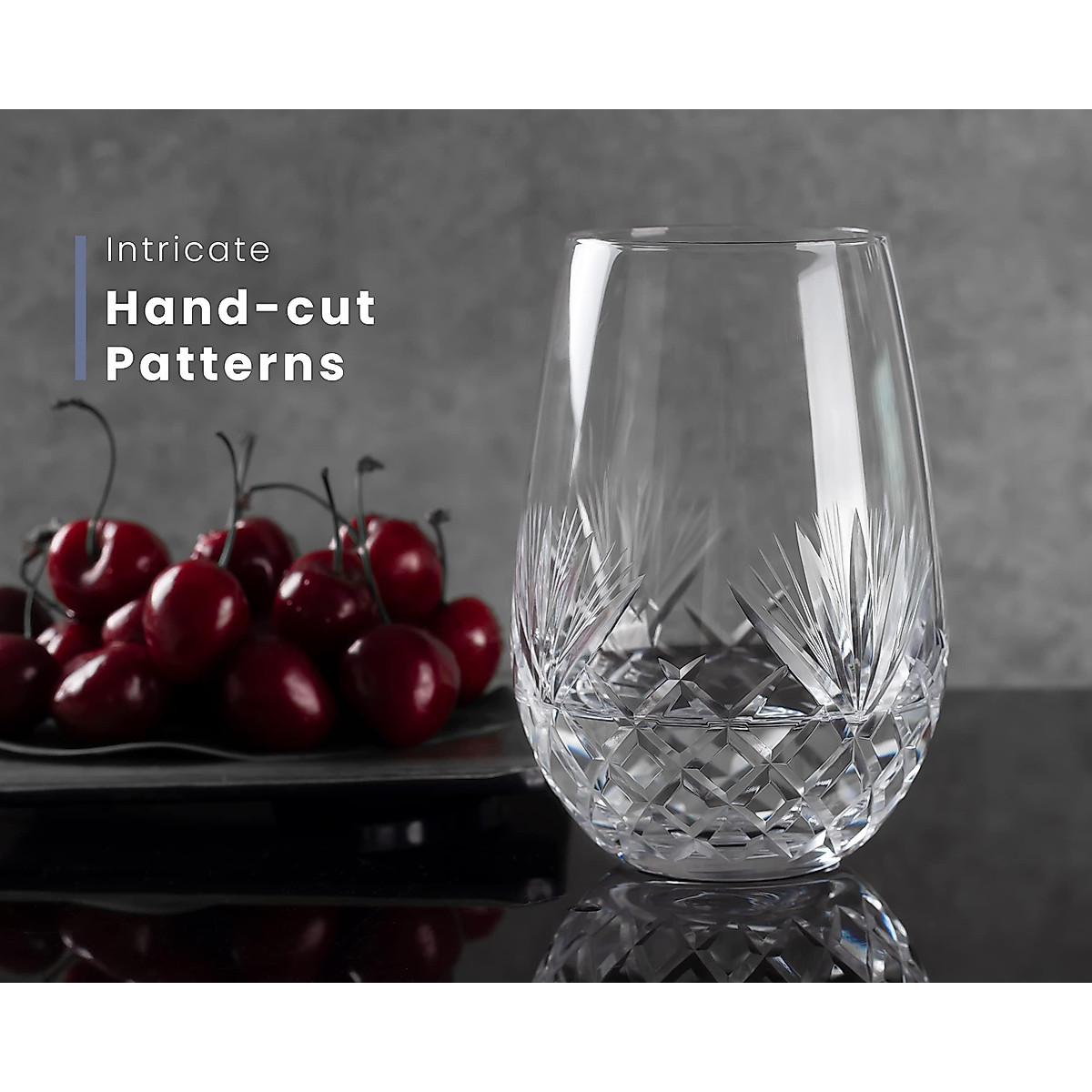 SHOSHIN - Hand Cut Stemless Wine Glass Set of 4, Large 18 oz Crystal Wine Glass, Wine Tumblers for Red and White Wine, Water Glasses, Drinking Glasses