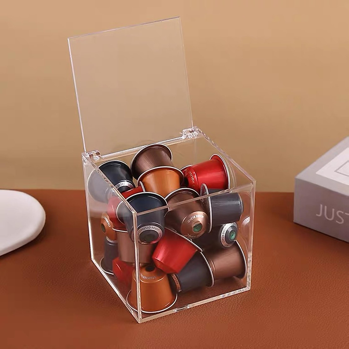LOVPLAY Large Acrylic Storage Box Coffee Pod Holder Clear Acrylic Hinged Lid Box Organizers Accessories Anti Dust Durable Clear Acrylic Box for House and Office Use, Transparent Box