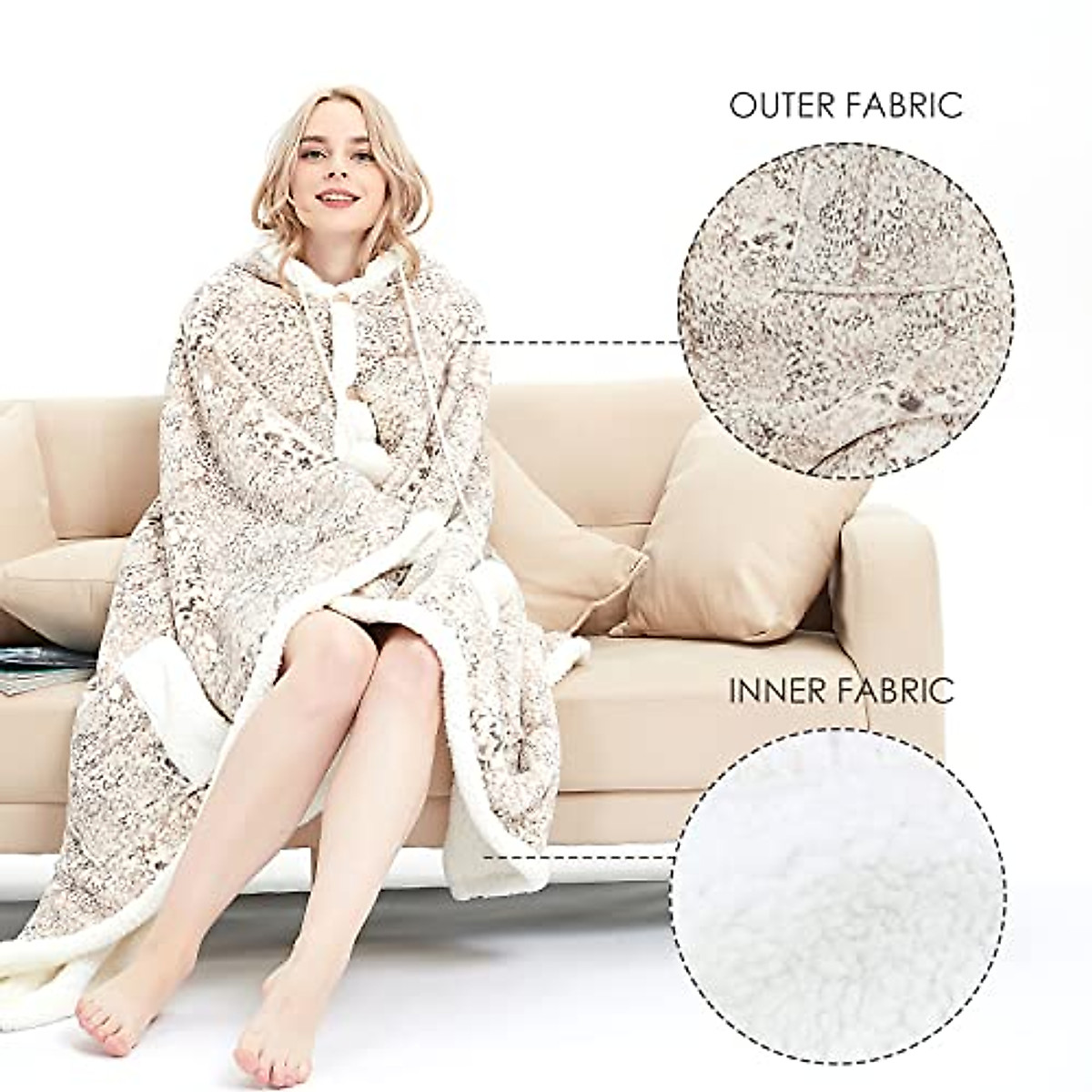 Soft Fleece and Sherpa Throw Blanket, Poncho Blanket with Buttons Poncho Blanket for Women Substitute for Cape Wrap Cover (Cream， 51“×71”)