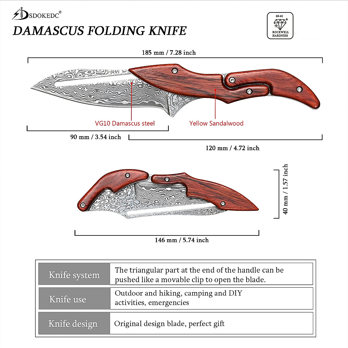 SDOKEDC Damascus Steel Folding Knife Pocket Knife Yellow Sandalwood Handle Mechanical Lock Outdoor Camping Survival (Curved blade)