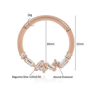 CUSHIONBLUE 14k Gold Baguette Diamond Cluster Hoop, Genuine Diamond Cartilage, Tragus Daith Helix Septum Ring,Gifts for her (Yellow Gold, 14K Gold)