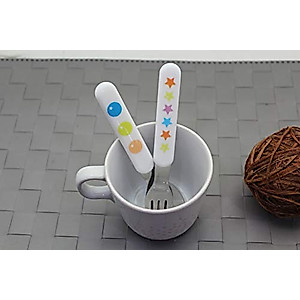 ANNOVA Kids Silverware 6 Pieces Stainless Steel Children's Flatware Set 3 x Forks, 3 x Dinner Spoons Plastic Handle, Toddler Utensils Without Knives, for Babies, Infants BPA Free - Dots Stars