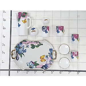 Miniature Collectible BUTTERFLIES & FLOWERS Porcelain Tea Set: Teapot, Sugar Bowl, Creamer, 2 Teacups, Serving Platter