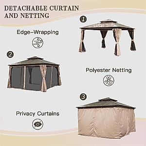 DHPM 12'x12' Hardtop Gazebo, Outdoor Polycarbonate Double Roof Canopy, Aluminum Frame Permanent Pavilion with Curtains and Netting, Sunshade for Garden, Patio, Lawns