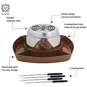 ULTICOR Electric Flameless Stainless Steel Marshmallow S'mores Maker, with 4 Compartment Tray, and 4 Roasting Forks, Indoor Safe, for Parties and Fun Times, Safe for Kids with Adult Supervision