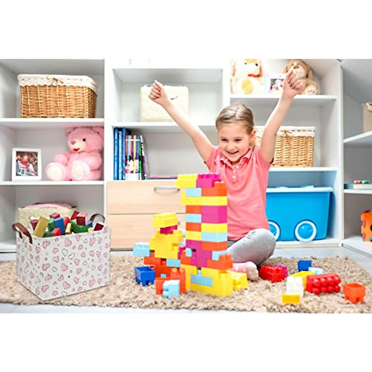 HIYAGON Pink Basket,Valentines Gift Baskets Empty,Cute Storage Bin,Baby Girl Basket, Kids Toy Basket,Rectangular Shelf Basket with Handles,Nursery(Pink Hearts)