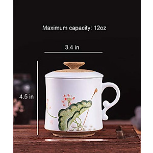 BIFULDYO Tea Cup with Filtering Function, Single Cup Loose Tea Brewing System,Large Capacity 12oz, Chinese Painting Style Pattern,Loose Leaf Iced Blooming or Flowering Tea Filter(Lotus)