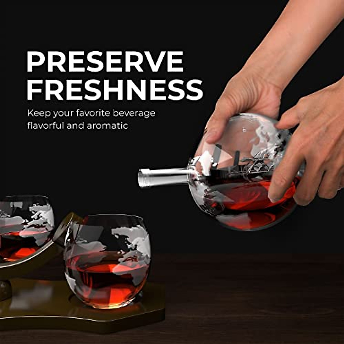 Chef's Star Whiskey Decanter Set for Men- Etched Globe Decanter Set with 2 Etched Globe Glasses, for Whiskey, Bourbon, 2 Globe Etched Glasses and Whiskey Stones, Liquor Gift Set, 850ml (28 oz)