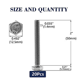 5/16-18 x 2" Hex Head Screw Bolt, 20Pcs 18-8 (304) Stainless Steel, Fully Threaded, Plain Finish, by SG TZH