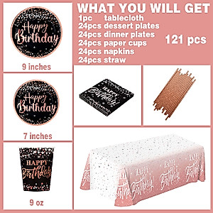happy birthday decorations plates for women - (Total 121pcs) rose gold plates and napkins party supplies, Cups, Straws, tablecloth, Disposable Tableware for 24 Guests