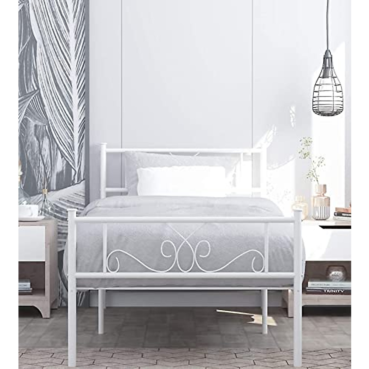 SimLife Metal Twin Bed with Storage Solid Steel Legs Great for Boys and Girls Toddler Princess Bed Frame Kid's Day Bed No Box Spring Need White