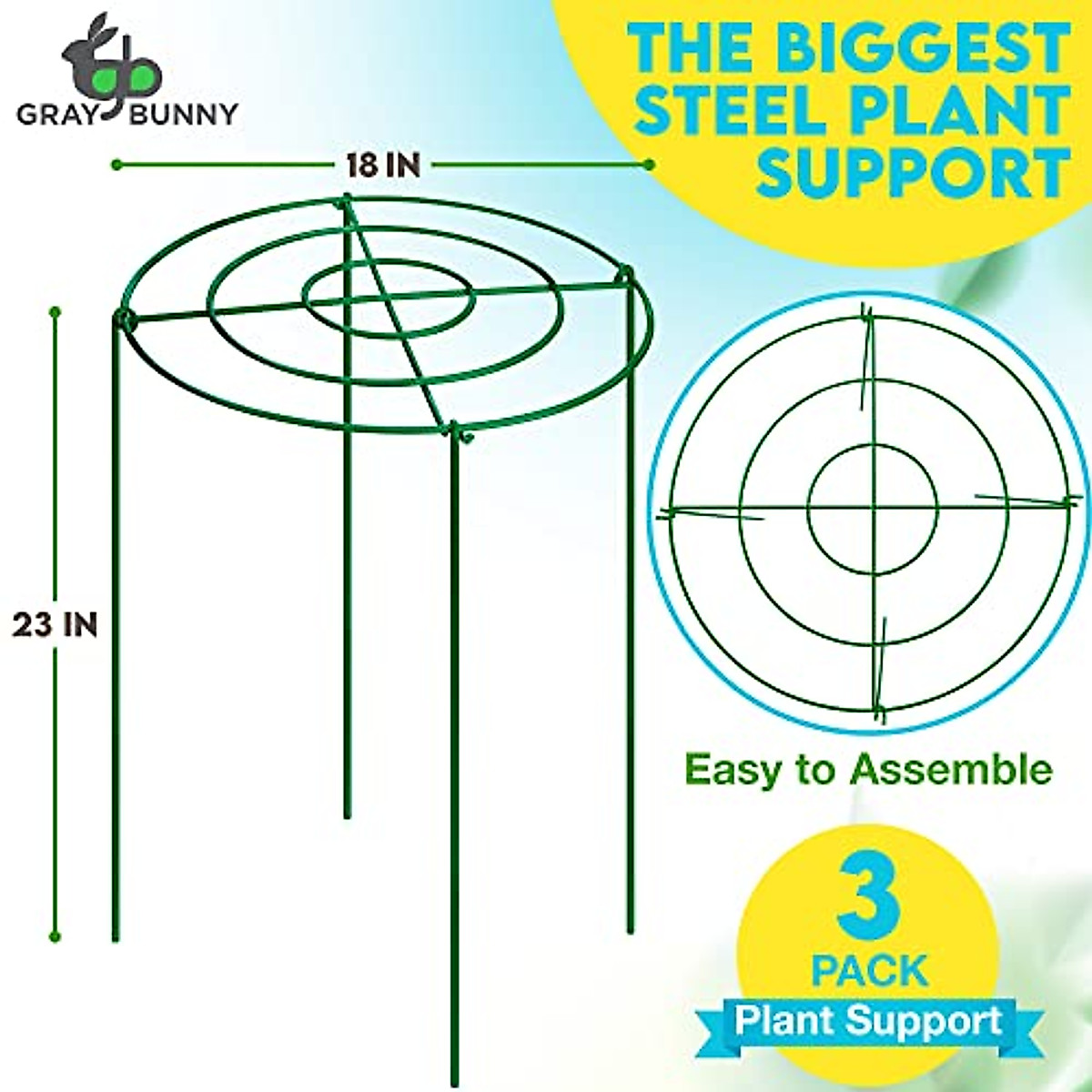 Peony Support, Peony Cage (3 Pack) Extra Large 18” Wide x 24” Height Peony Ring with 4 Legs, Plant Supports for Outdoor Plants, Peonies Cages