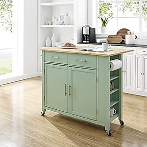 Crosley Furniture Savannah Wood Top Drop Leaf Rolling Kitchen Island Cart with Spice Rack and Shelves, Mint