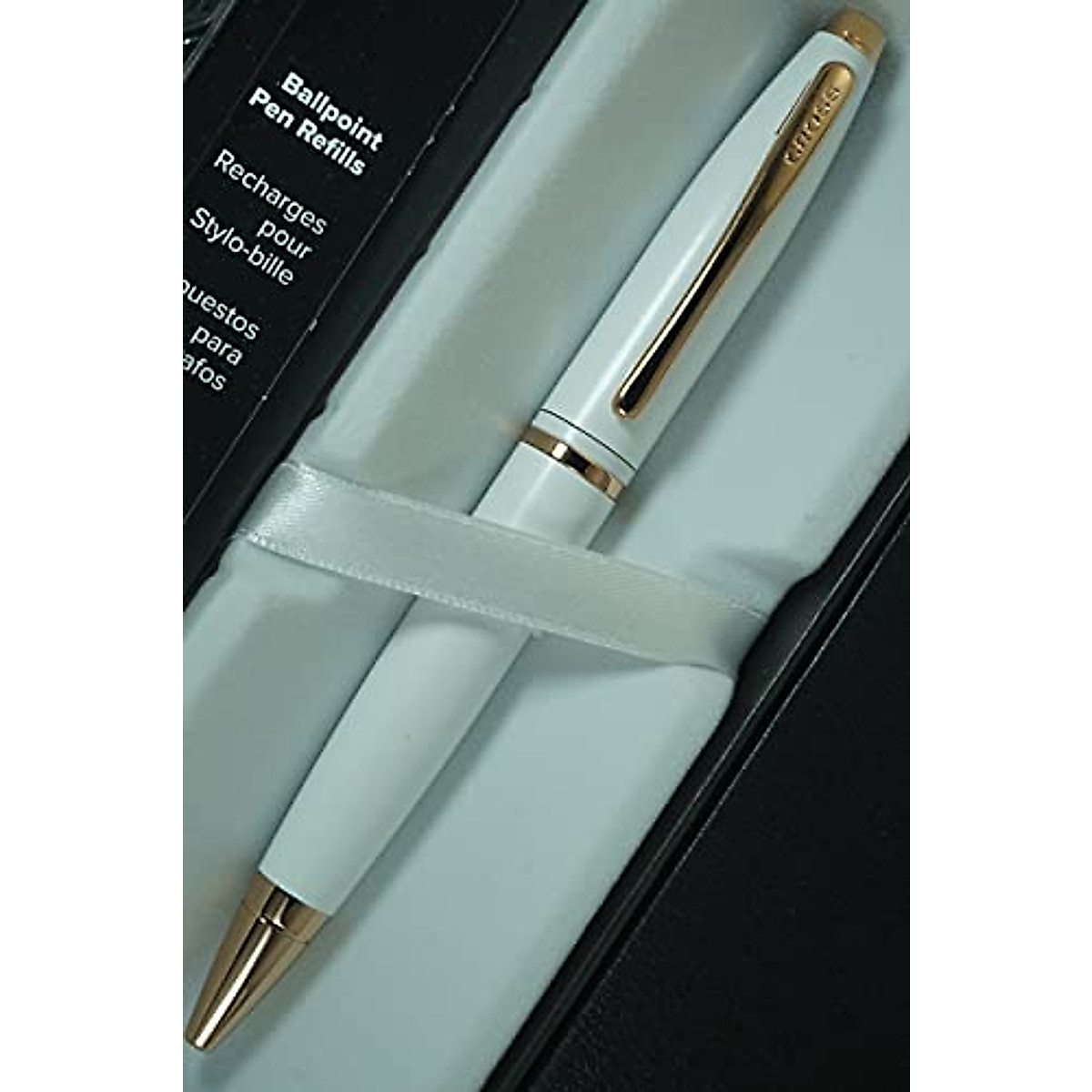 A.T. Cross Pearlescent Lightening White Medalist and 23KT Rose Gold Appointments and Cross signature mid Band Calaise Ballpoint Pen and two Bonus refills A Gift Pen for Anyone and Any Occasion