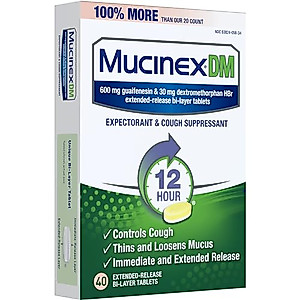 Mucinex DM 12Hr Chest Congestion & Cough Medicine For Adults, Cold And Cough Medicine for Excess Mucus Relief, 600 mg Guaifenesin & 30 mg Dextromethorphan HBr, 40 Bi-Layer Tablets