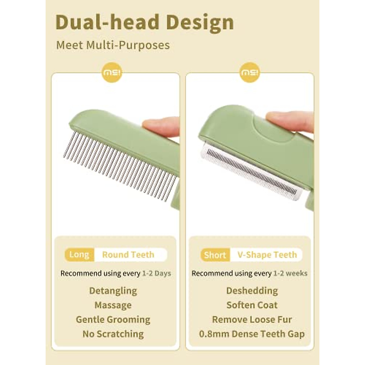 MS!MAKE SURE 2-in-1 Pet Comb, Professional Cat & Dog Grooming Tool, with Dual-Head Design for Safe & Gentle Removal of Tangles/Matted Fur, Shedding - Olive Green