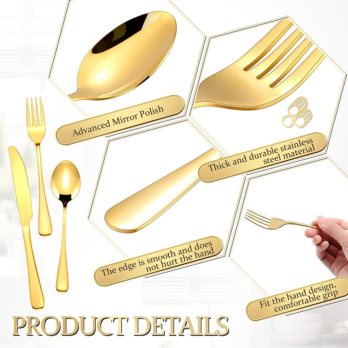 Dandat 500 Pcs Stainless Steel Flatware Set Service for 100 Guest, Cutlery Utensil Set, Include Fork Knife Spoon for Guest Dinner Home Kitchen Wedding Holiday Halloween Christmas Party (Gold)