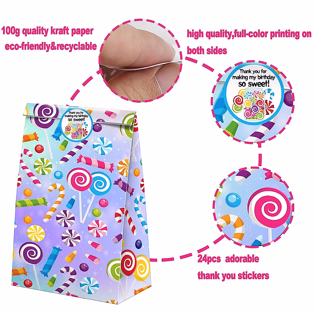 Candyland Goodie Bags-24 Pcs Candy Party Favors Bags with Stickers, Candy land Goody Gift Treat Bags Candyland Themed Birthday Party Supplies