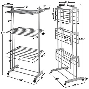 GizmoSynth 【US Warehouse】 Clothes Drying Rack, 66.14" Oversized 4-Tier Foldable Stainless Steel Drying Rack Clothing,Clothes Drying Rack Outdoor for Drying Clothes, Bed Covers, Shoes, Sofa Covers