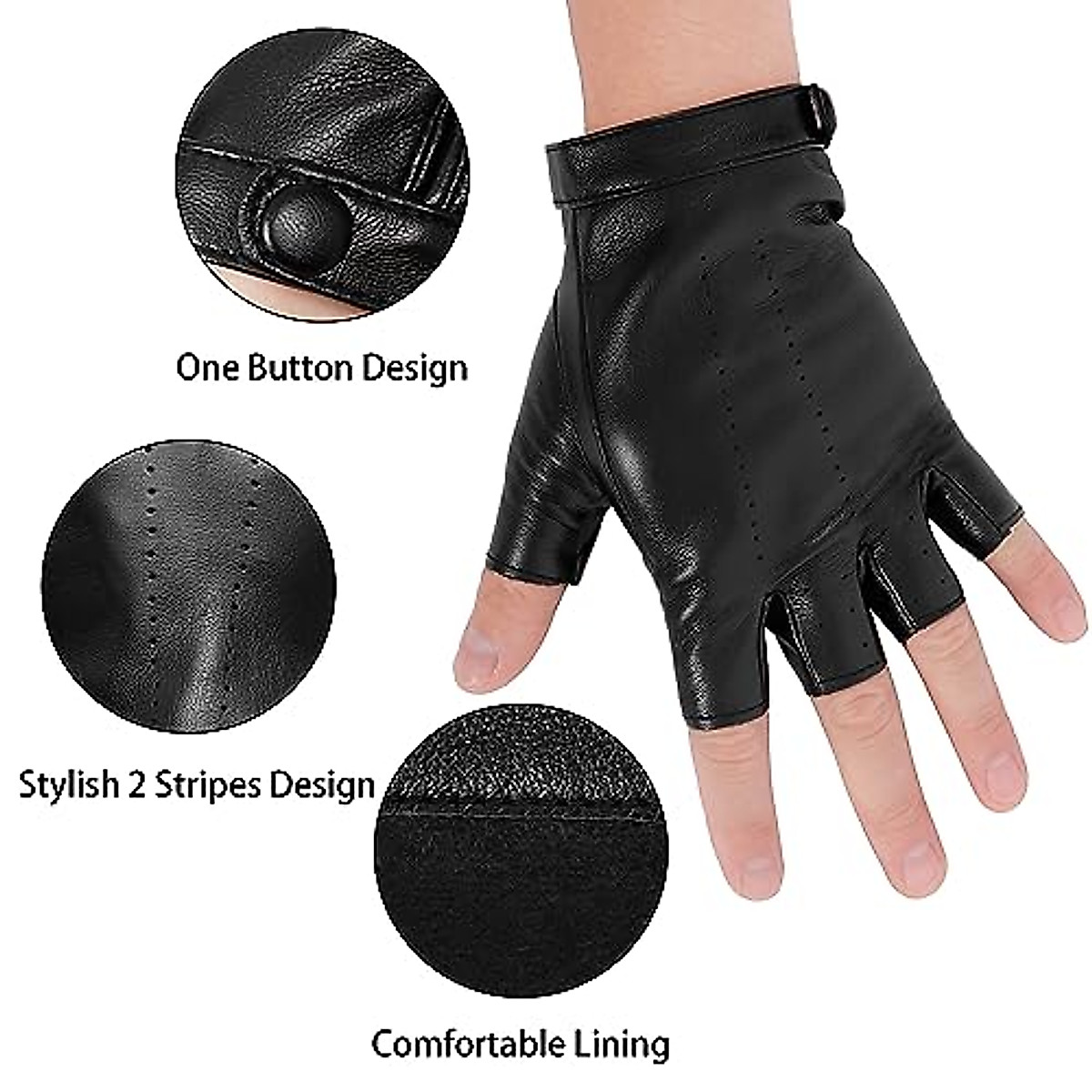 OurHonor Black Fingerless Gloves for Men Women, Halloween PU Leather Half Finger Glove Outdoor Driving Performance Costume Sport, Small (Style C)