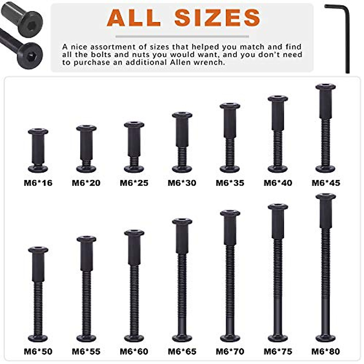 Rustark 12 Set M6x75mm Black Hex Drive Socket Cap Bolts Kit Carbon Steel Allen Head Countersunk Furniture Crib Bolts Nuts with Free Hex Key for Chairs Bed Cribs Furniture
