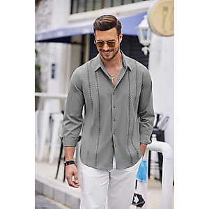 COOFANDY Men's Cuban Guayabera Shirts Casual Long Sleeve Button Down Shirt Summer Beach Tops Grey