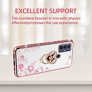 KuDiNi Case for TCL 30 SE, TCL 30 SE 2022 Phone Case for Women Glitter Crystal Soft Bling Butterfly Heart Floral Clear Protective Cover with Kickstand+Strap for TCL 30 SE 6.52” (Rose Gold)