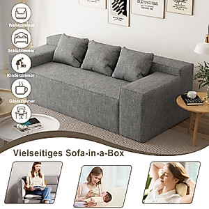 PurrJoys Modern 3-Seater Sofa, Hybrid Sofa in a Box, No Assembly Required, Comfy Sofa Couch with 3 Matching Pillows, Cat-Scratch Resistant Linen, Couch for Living Room or Bedroom, Grey