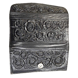 Sharpshooter Ladies Tooled Leather Western Blossoming Roses Trifold Wallet (BLACK)